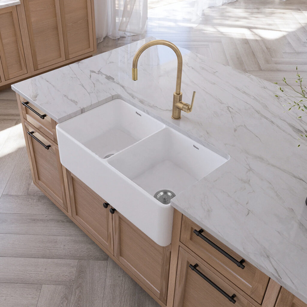 Bacha de Cocina de Apoyar Doble Blanca (838x457x254) - Griferia Peirano